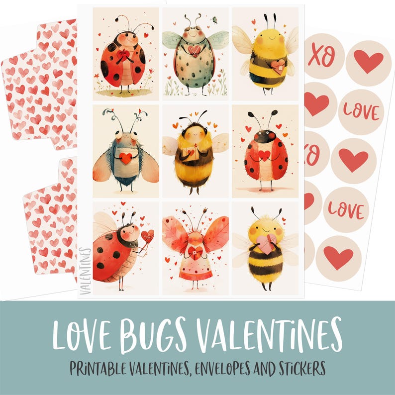 Love Bugs Printable Valentines, Envelopes and Stickers - Etsy