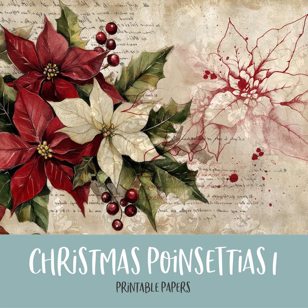 Christmas Poinsettias 1 Printable Digital Background and Journal Papers ...