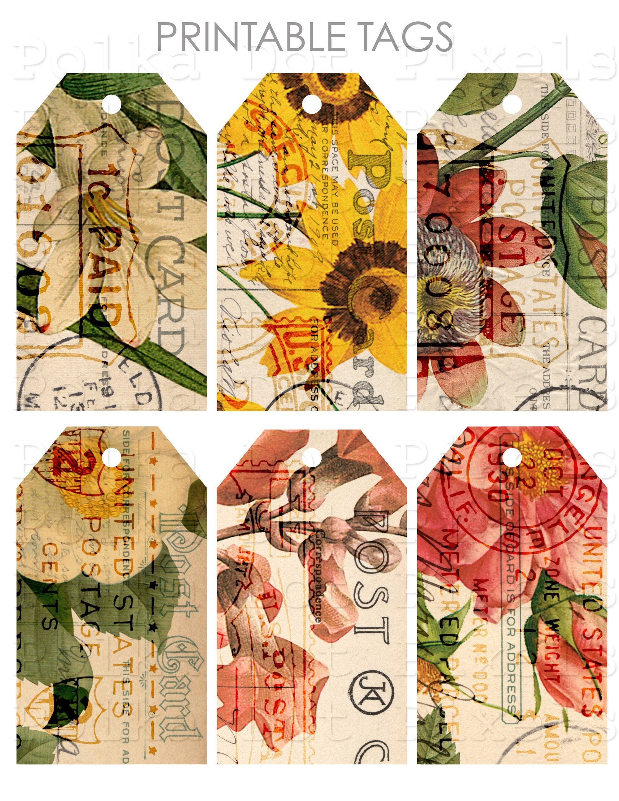 Floral Postcards Journaling Tags Collage Sheet No. 1 for Junk Journals ...