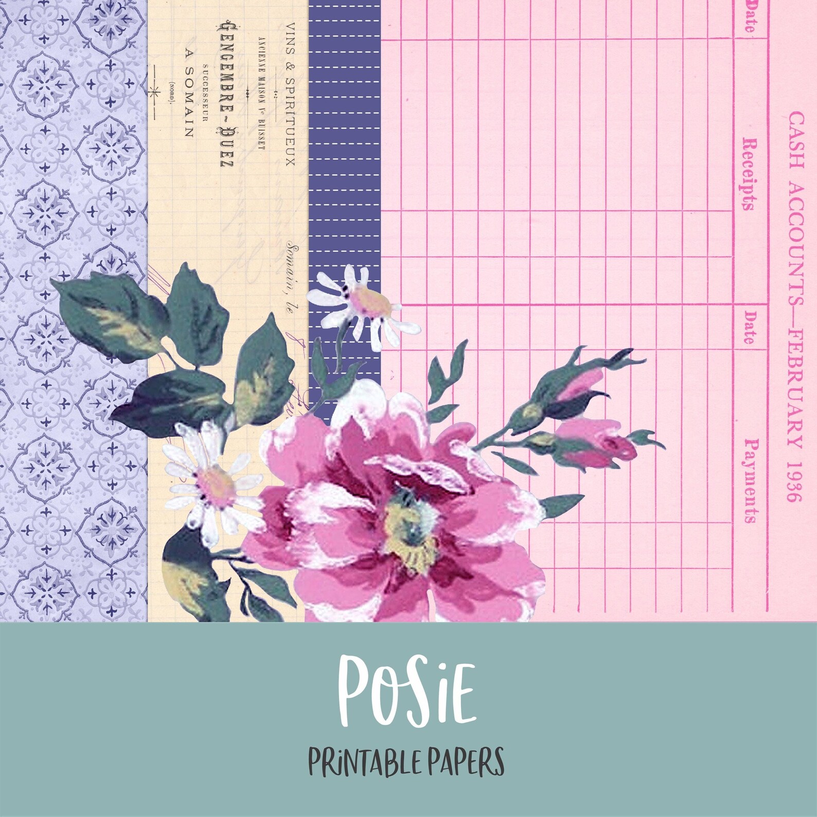 Posie Printable Digital Background and Journal Papers Junk Journal Kit ...