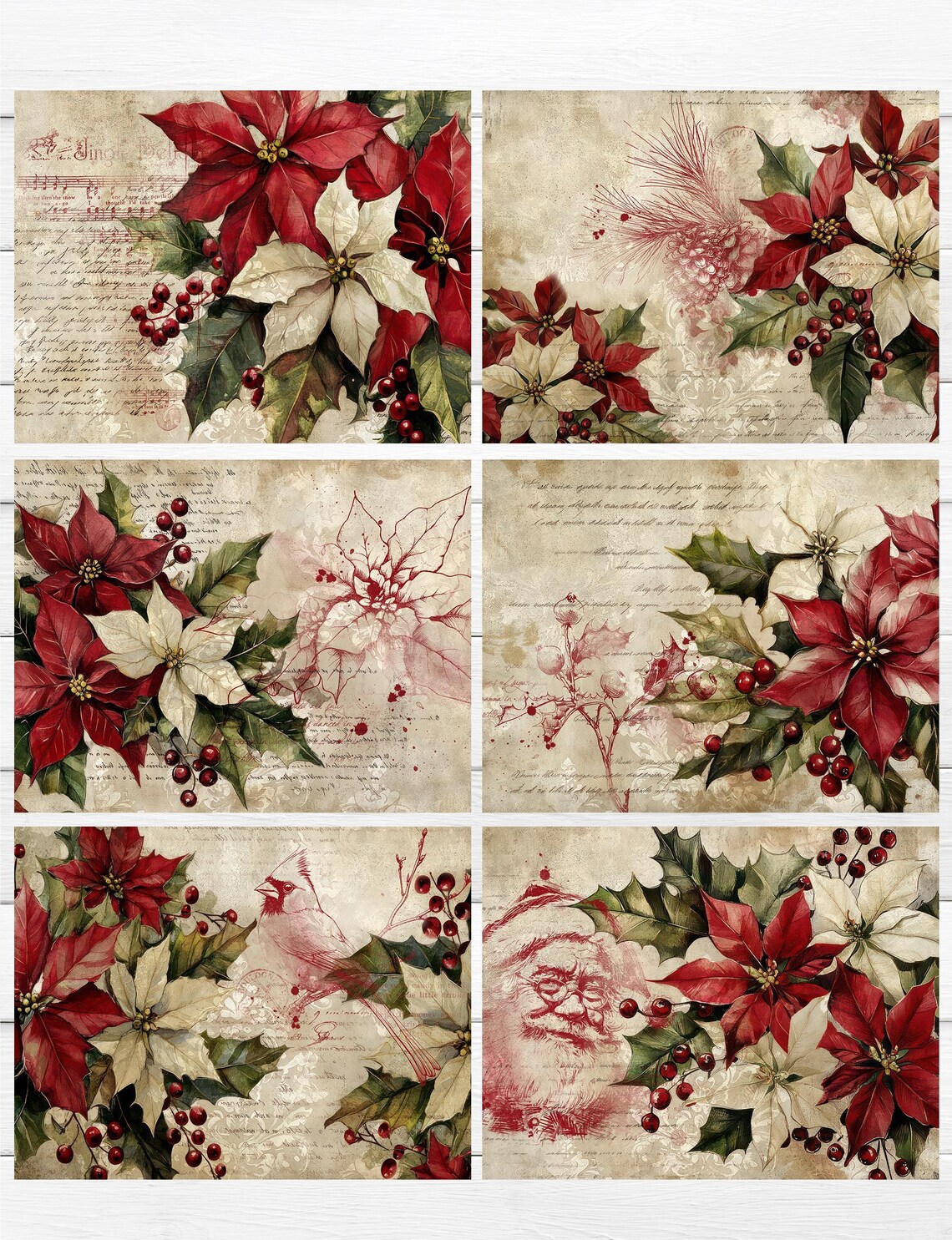 Christmas Poinsettias 1 Printable Digital Background and Journal Papers ...