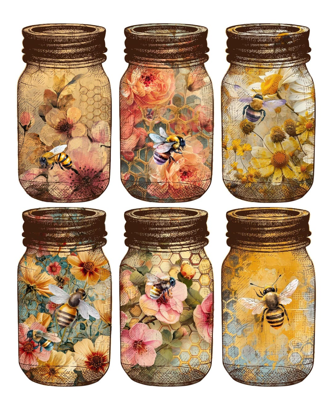Bumble Bee Mason Jars Collage Sheet for Junk Journals and Fussy Cutting ...