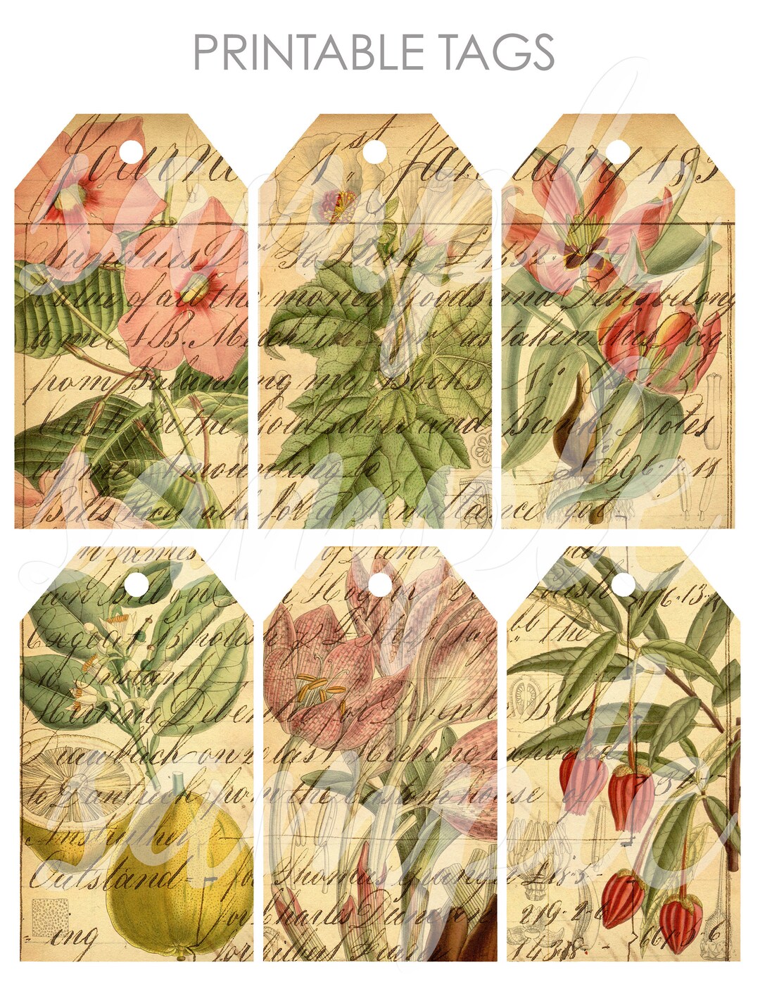 Floral 4 Mixed Media Journaling Tags Collage Sheet for Junk Journals - Etsy
