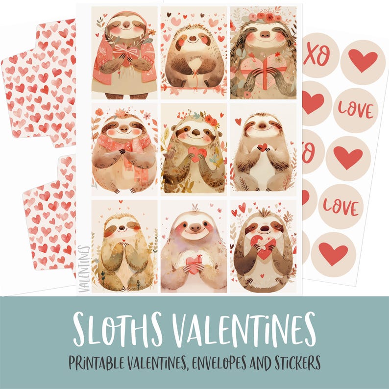 Sloths Printable Valentines, Envelopes and Stickers - Etsy
