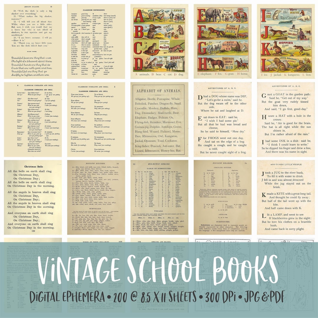 Vintage School Books Printable Book Pages Bundle for Commercial Use and ...
