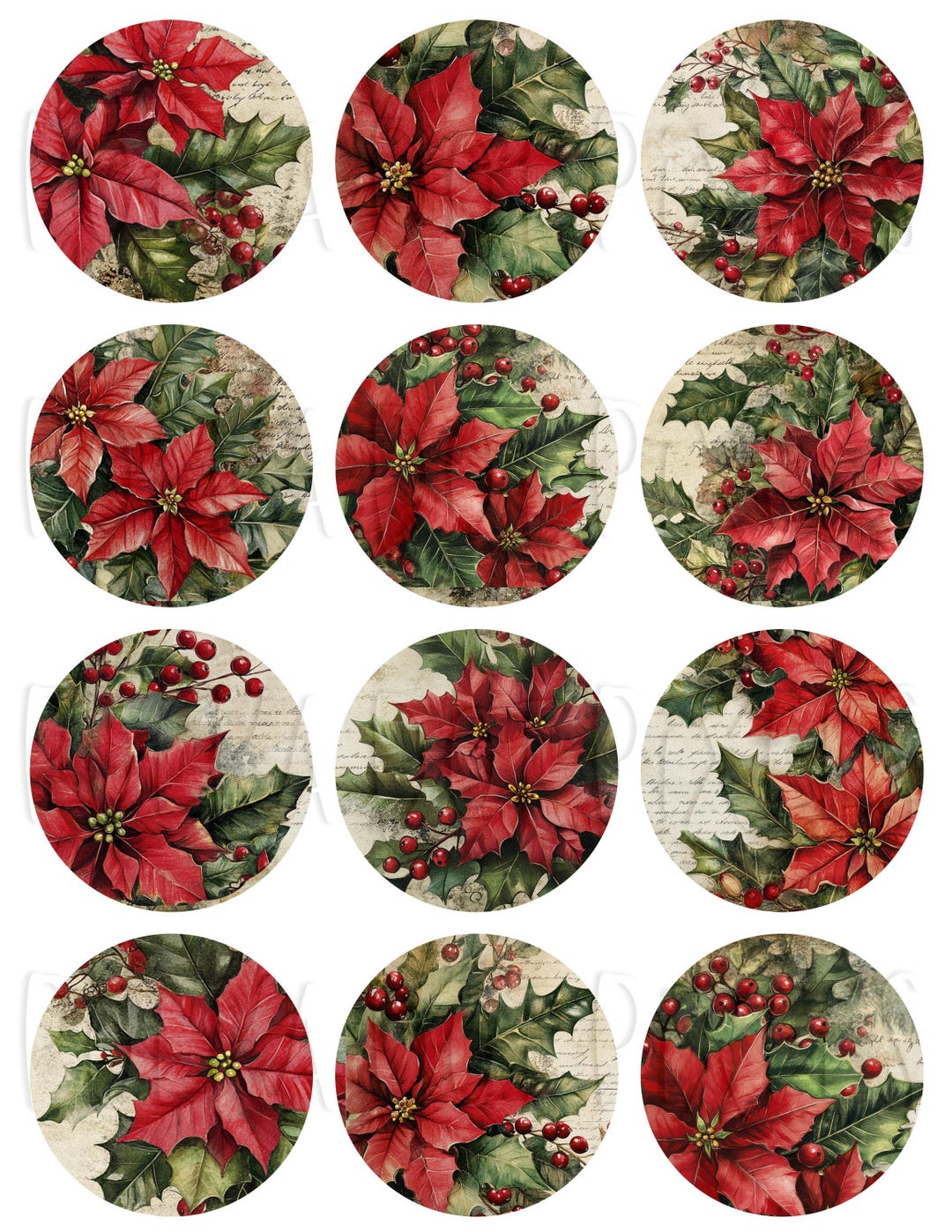 Red Poinsettias 2 Christmas Printable Round Stickers Collage Sheet for ...