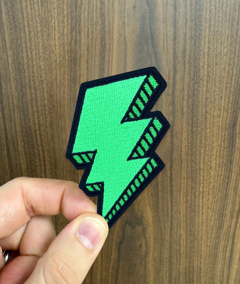 Green Lightning Bolt Embroidered Patch, DIY Jacket Patch, Lightning ...