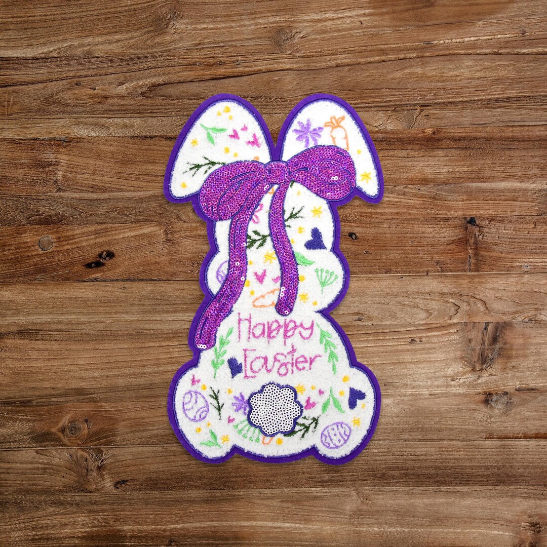 Chenille Easter Bunny Iron on Patch: Large Applique With Bows (10x11 ...
