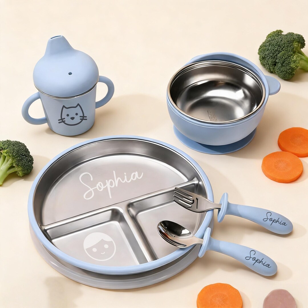 Personalized Stainless Steel Baby Feeding Set, Divided Plate, Baby ...