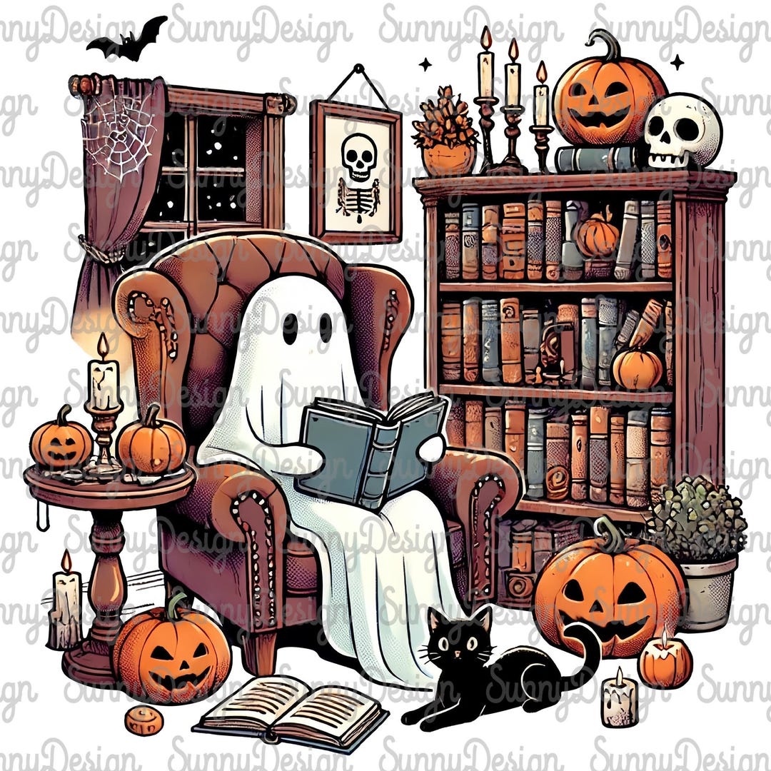 Retro Ghost Reading Books, Halloween Teacher Png, Librarian Ghost ...