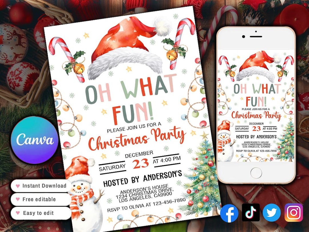 Oh What Fun Christmas Party Invitation Template Editable, Santa Claus ...