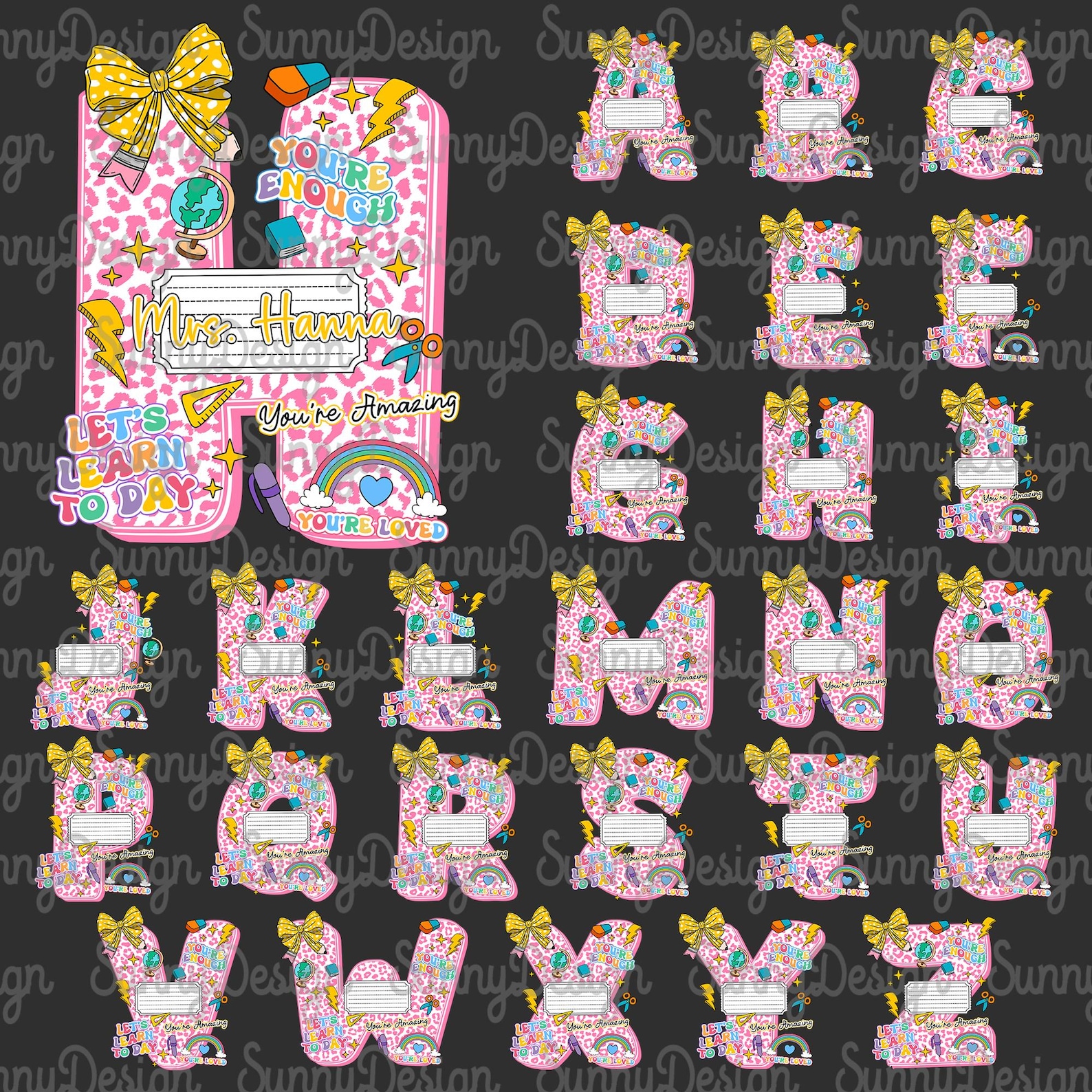 Preppy Back to School Alphabet Png Bundle, Custom Teacher Name Png ...