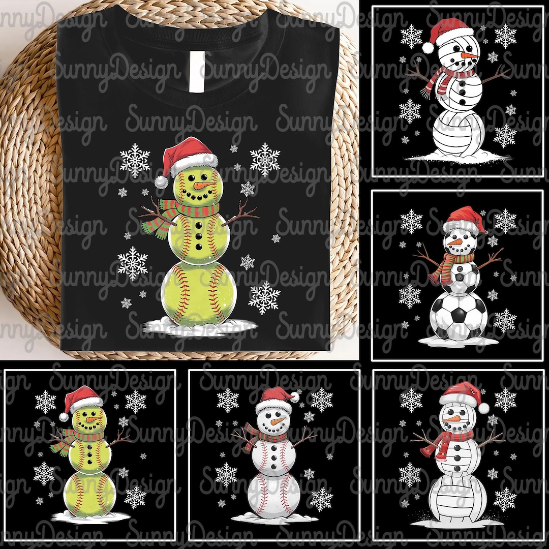 6 Merry Christmas Sports Snowman Png Bundle, Baseball Soccer Softball ...