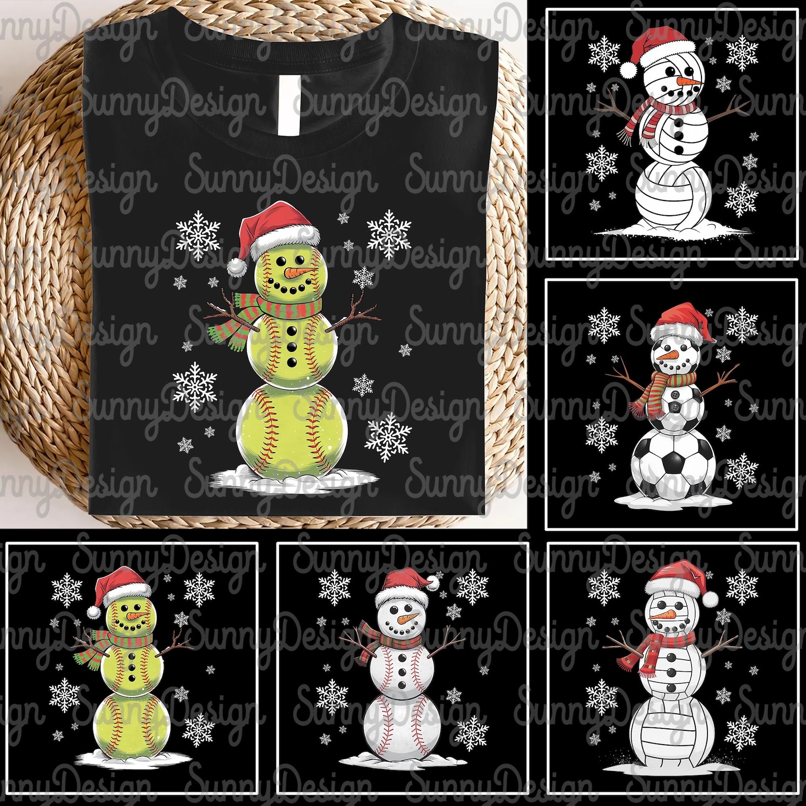 6 Merry Christmas Sports Snowman Png Bundle, Baseball Soccer Softball ...