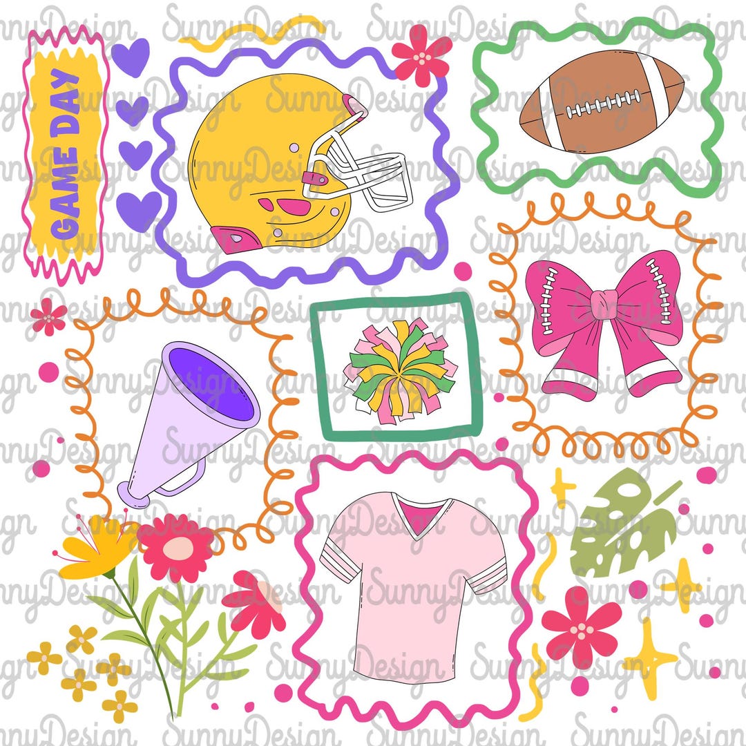 Preppy Football Png, Game Day Png, Colorful Doodle Girly Football Png ...