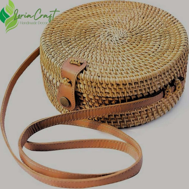 Round Straw Bag Shoulder Leather Straps Wicker Rattan Hand Woven ...