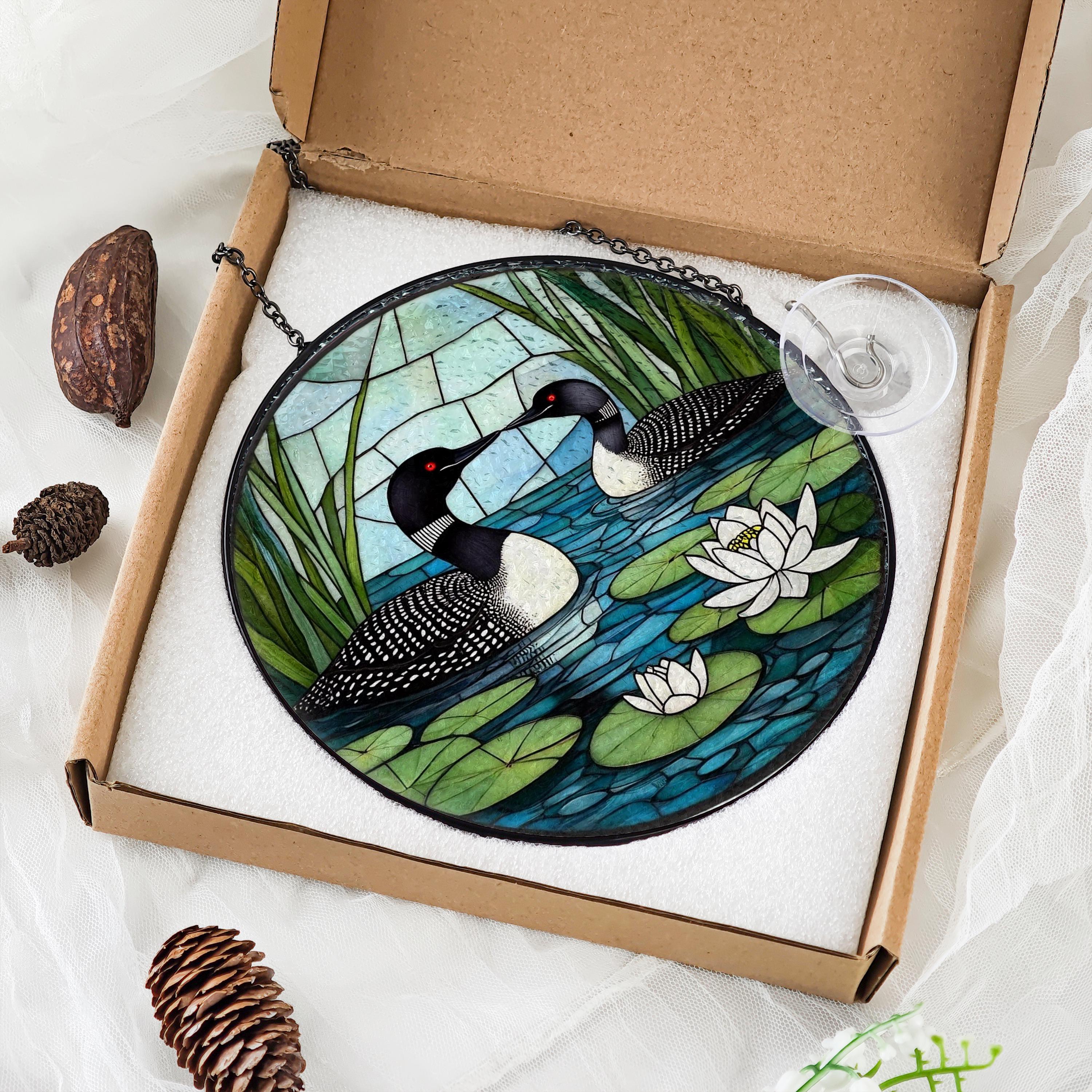 Loon Couple Stained Glass Suncatcher, Wildlife Bird Window Hanging ...