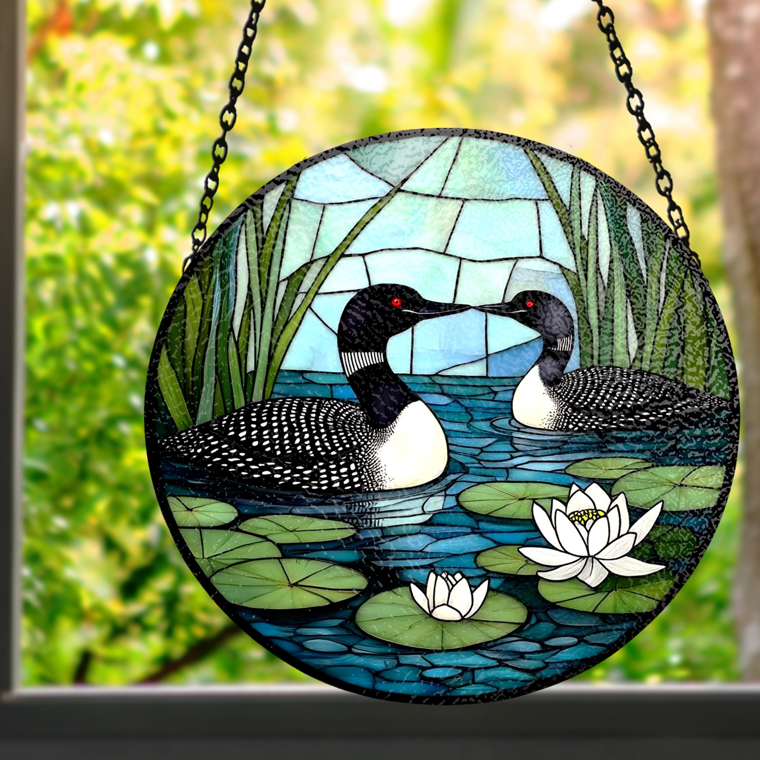 Loon Couple Stained Glass Suncatcher, Wildlife Bird Window Hanging ...