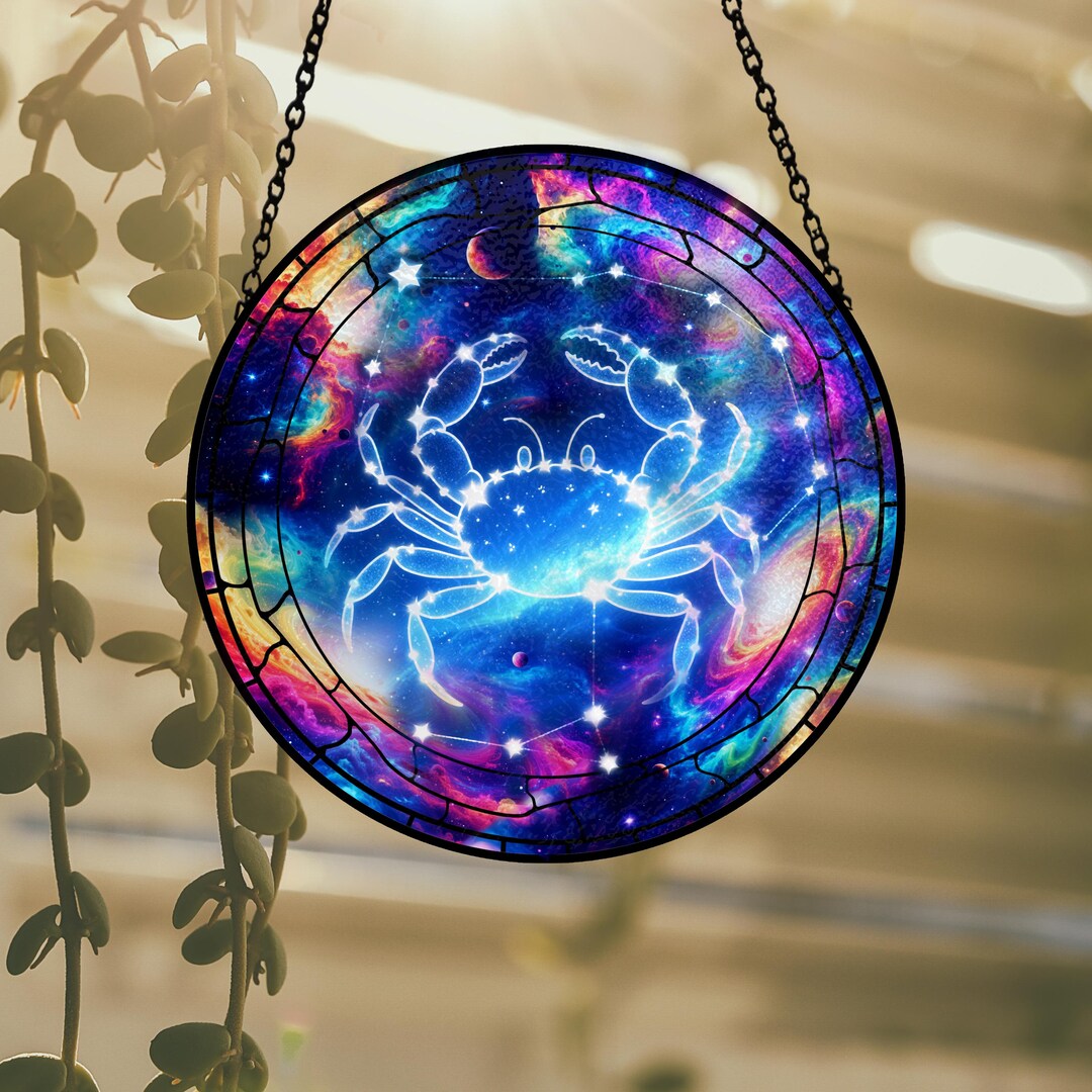 Cancer Zodiac Suncatcher, Cosmic Stained Glass Window Art - Etsy