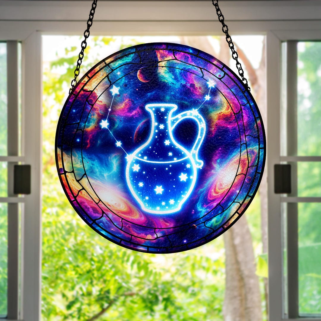 Aquarius Zodiac Suncatcher, Cosmic Stained Glass Window Art, Astrology ...