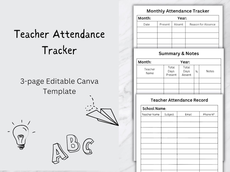 Teacher Attendance Tracker Editable Canva Template Daily Attendance ...