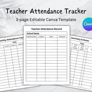 Teacher Attendance Tracker Editable Canva Template Daily Attendance ...