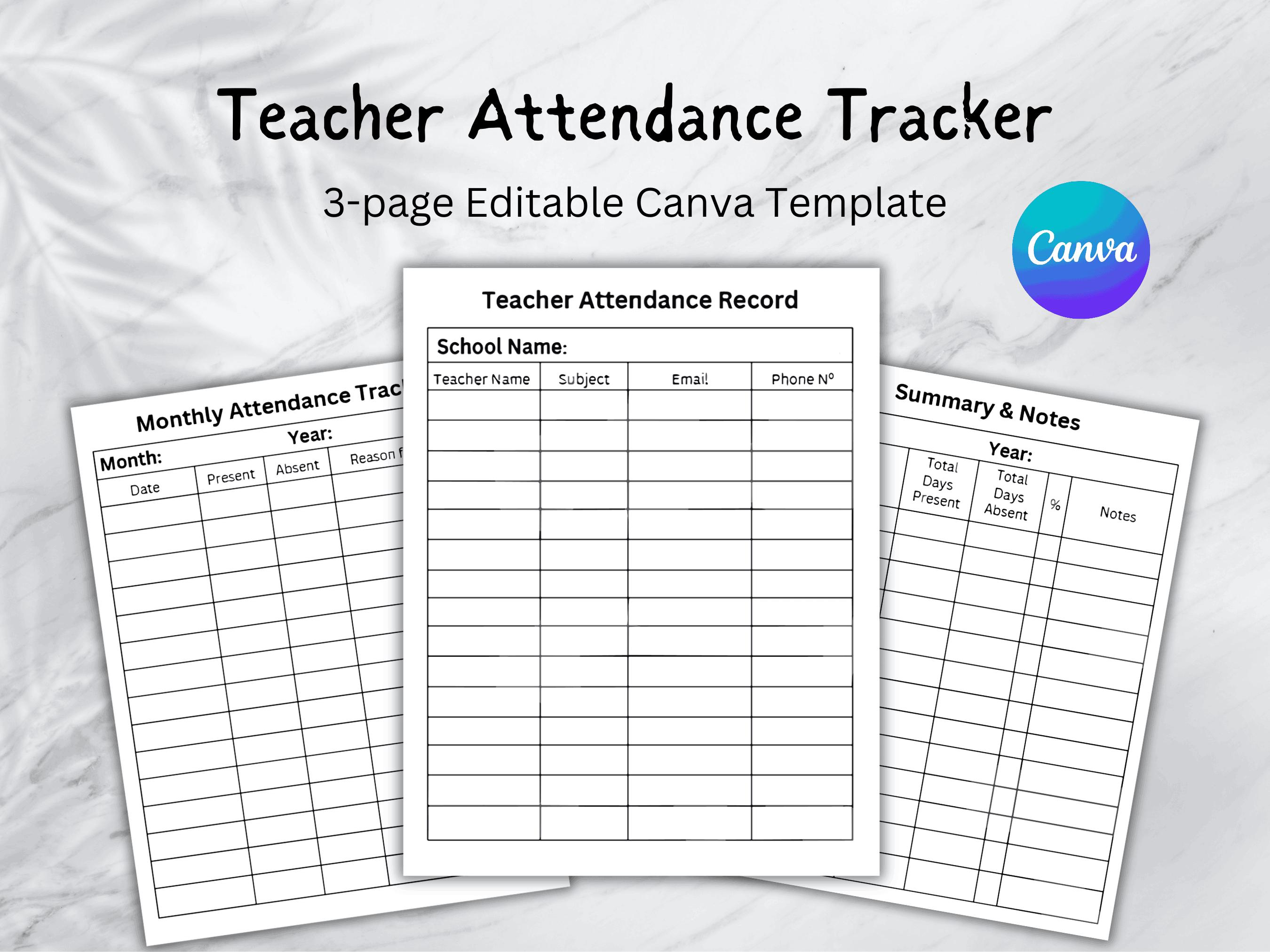 Teacher Attendance Tracker Editable Canva Template Daily Attendance ...