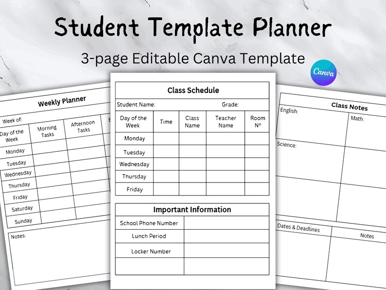 Student Planner Template Academic Planner School Organizer Homework ...