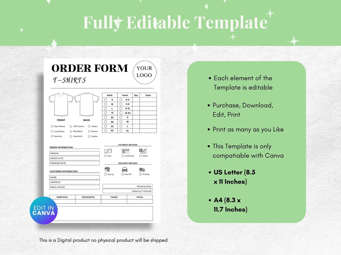 Editable T-shirt Order Form Template, Printable Small Business Order ...