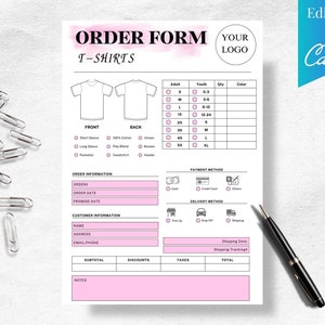 Editable T-shirt Order Form Template, Printable Small Business Order ...