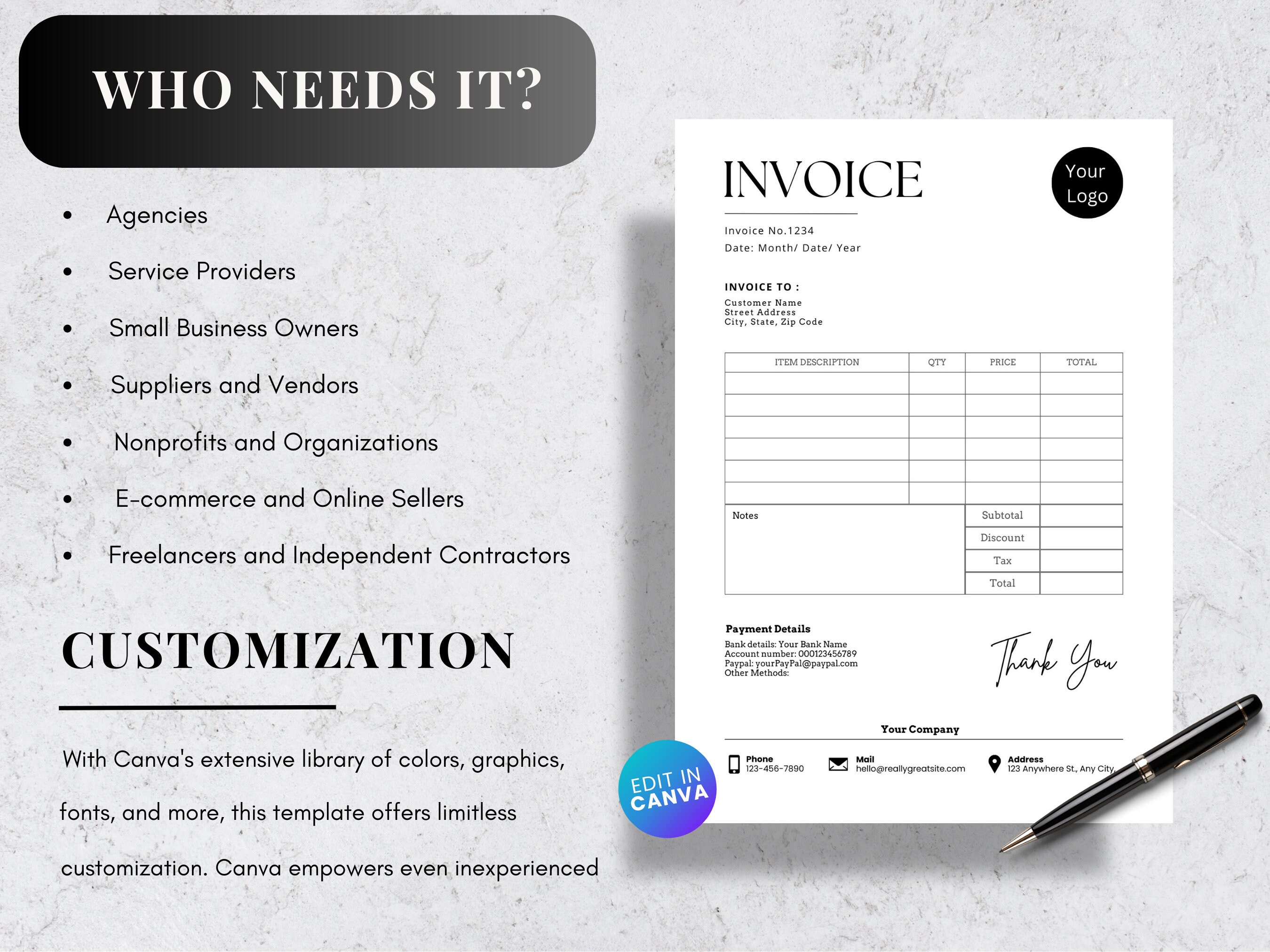 Professional Invoice Template | Customizable & Easy-to-use | Perfect ...