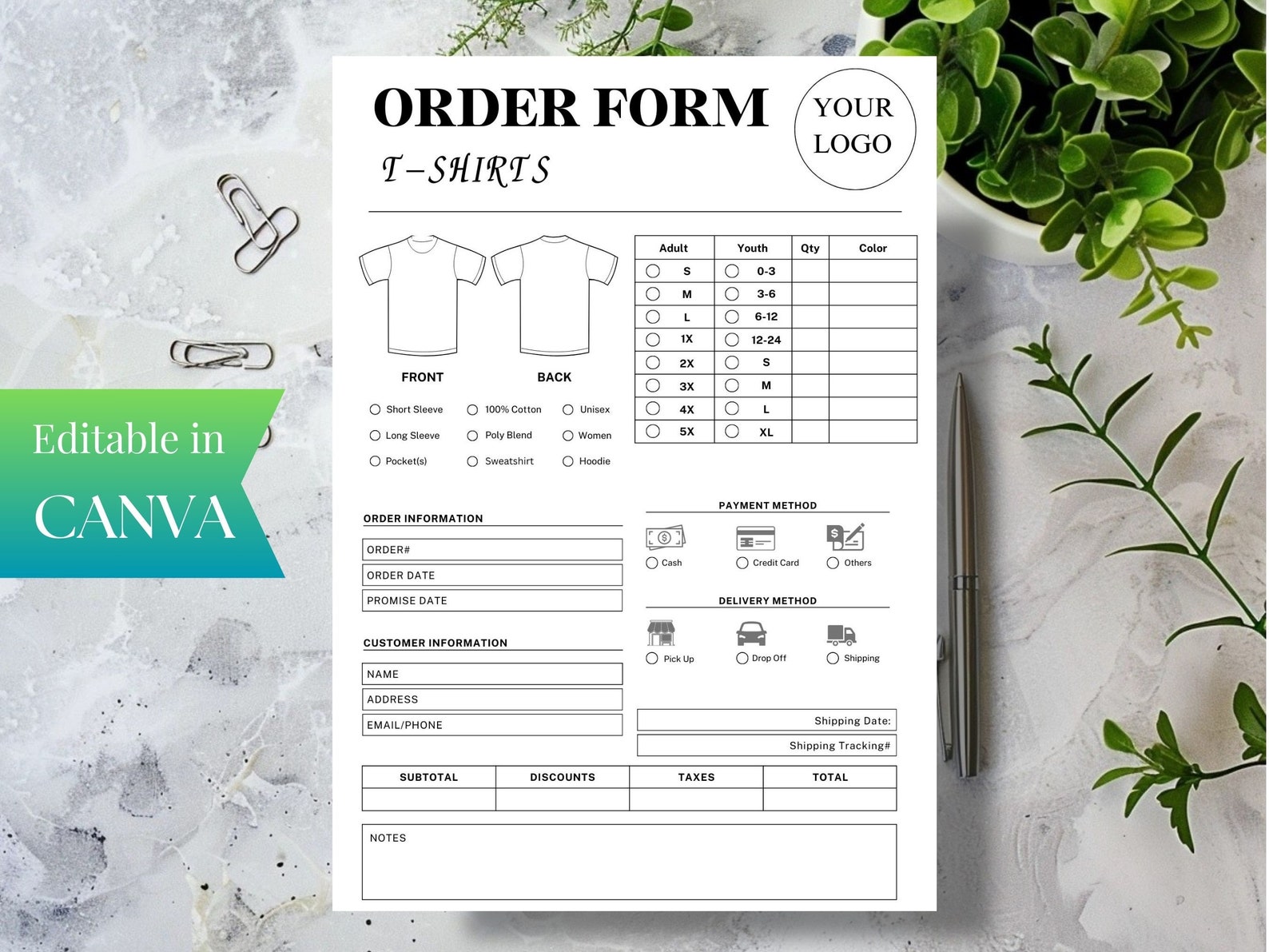 Editable T-shirt Order Form Template, Printable Small Business Order ...