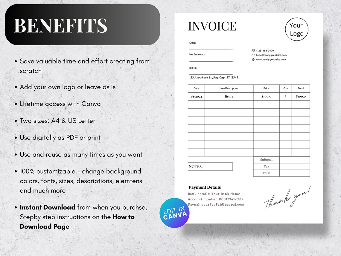 Professional Invoice Template Customizable & Easy-to-use Perfect for ...