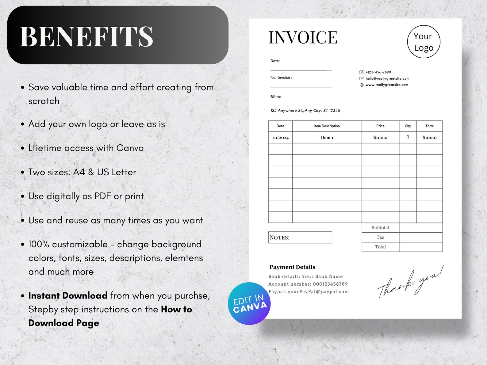 Professional Invoice Template | Customizable & Easy-to-use | Perfect ...