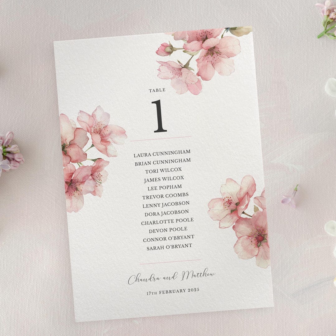 Pink Sakura Table Numbers With Guest Names Editable Cherry Blossom ...