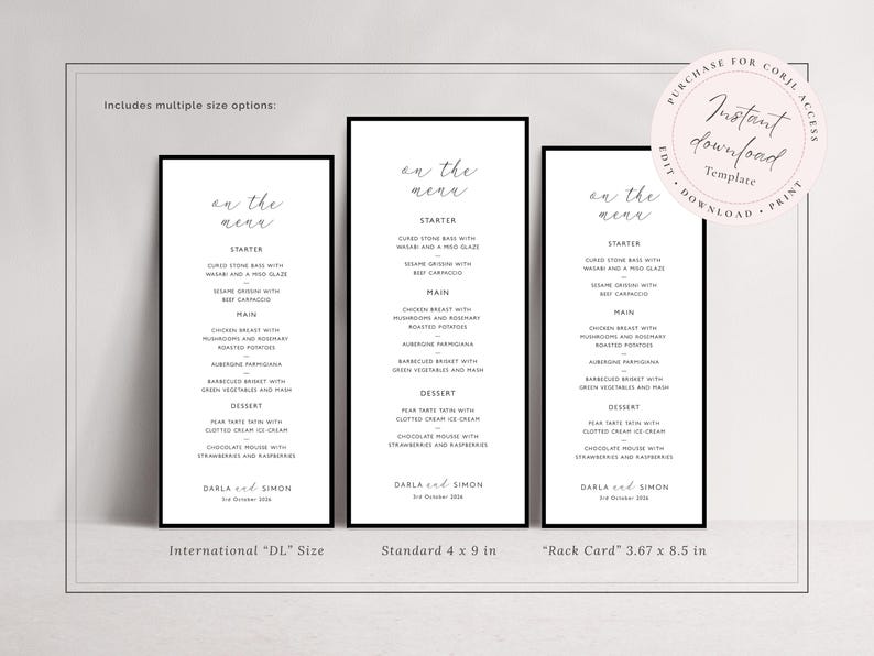 Black Border Wedding Menu Template - Elegant Modern Minimalist Wedding ...