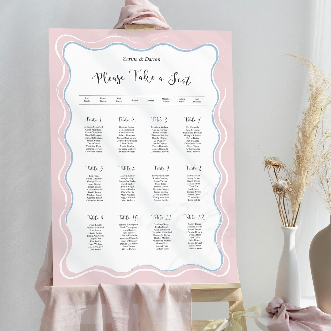 Wavy Border Seating Chart Template | Modern Wiggly Editable Table Plan ...
