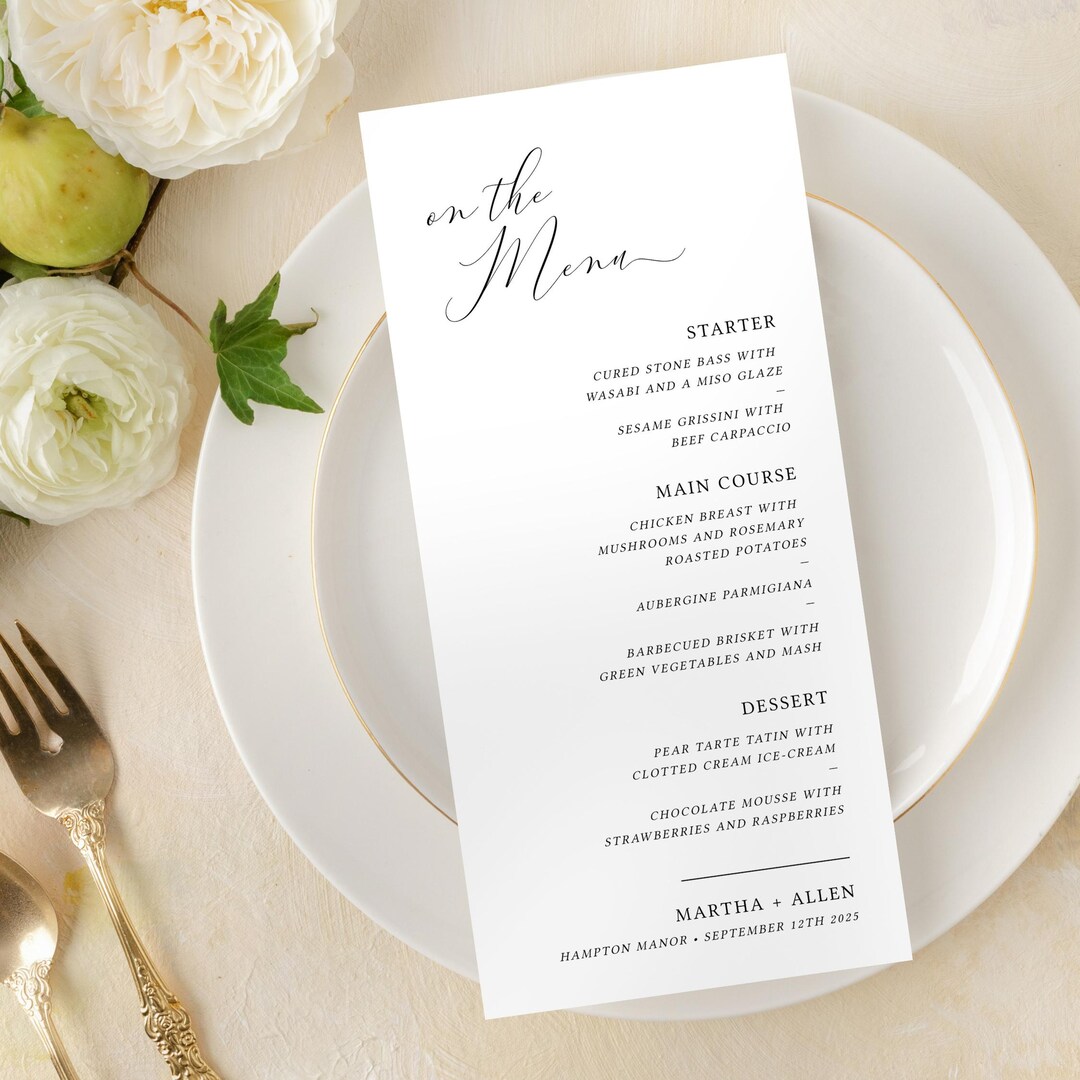 Minimalist Wedding Menu Template Custom Printable Menu Elegant Slim ...