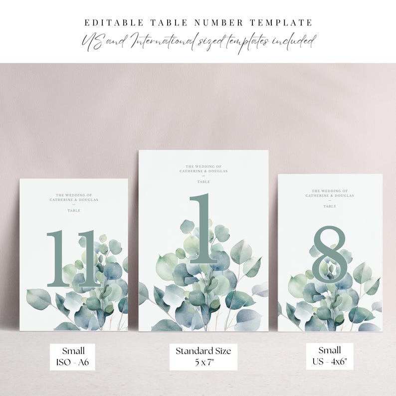 Eucalyptus Leaf Wedding Table Number Template | Greenery Editable Table ...
