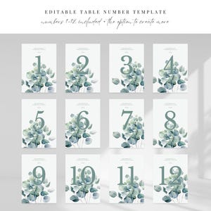 Eucalyptus Leaf Wedding Table Number Template | Greenery Editable Table ...