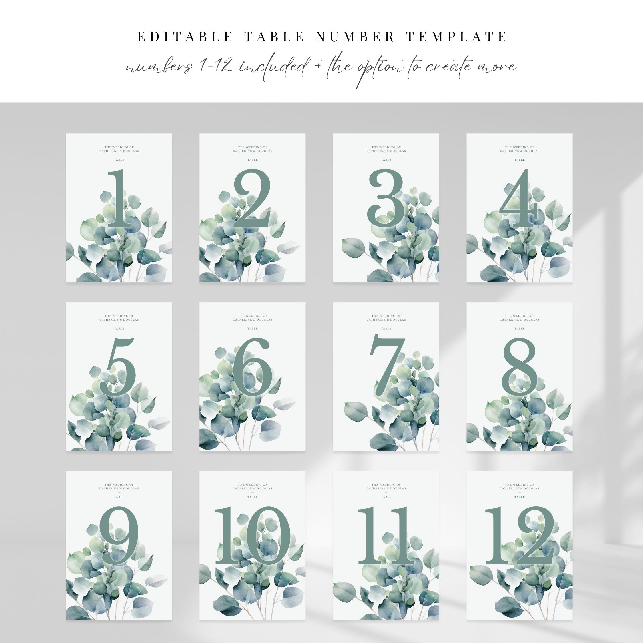 Eucalyptus Leaf Wedding Table Number Template | Greenery Editable Table ...