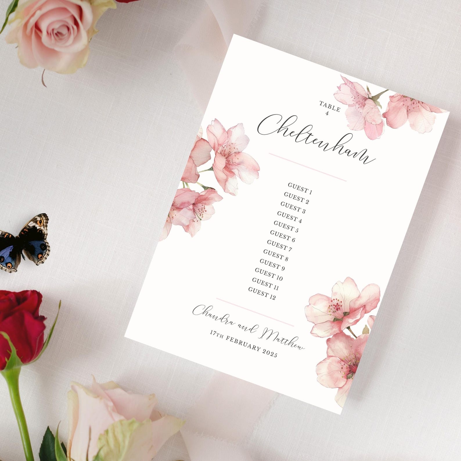 Pink Sakura Table Numbers With Guest Names Editable Cherry Blossom ...