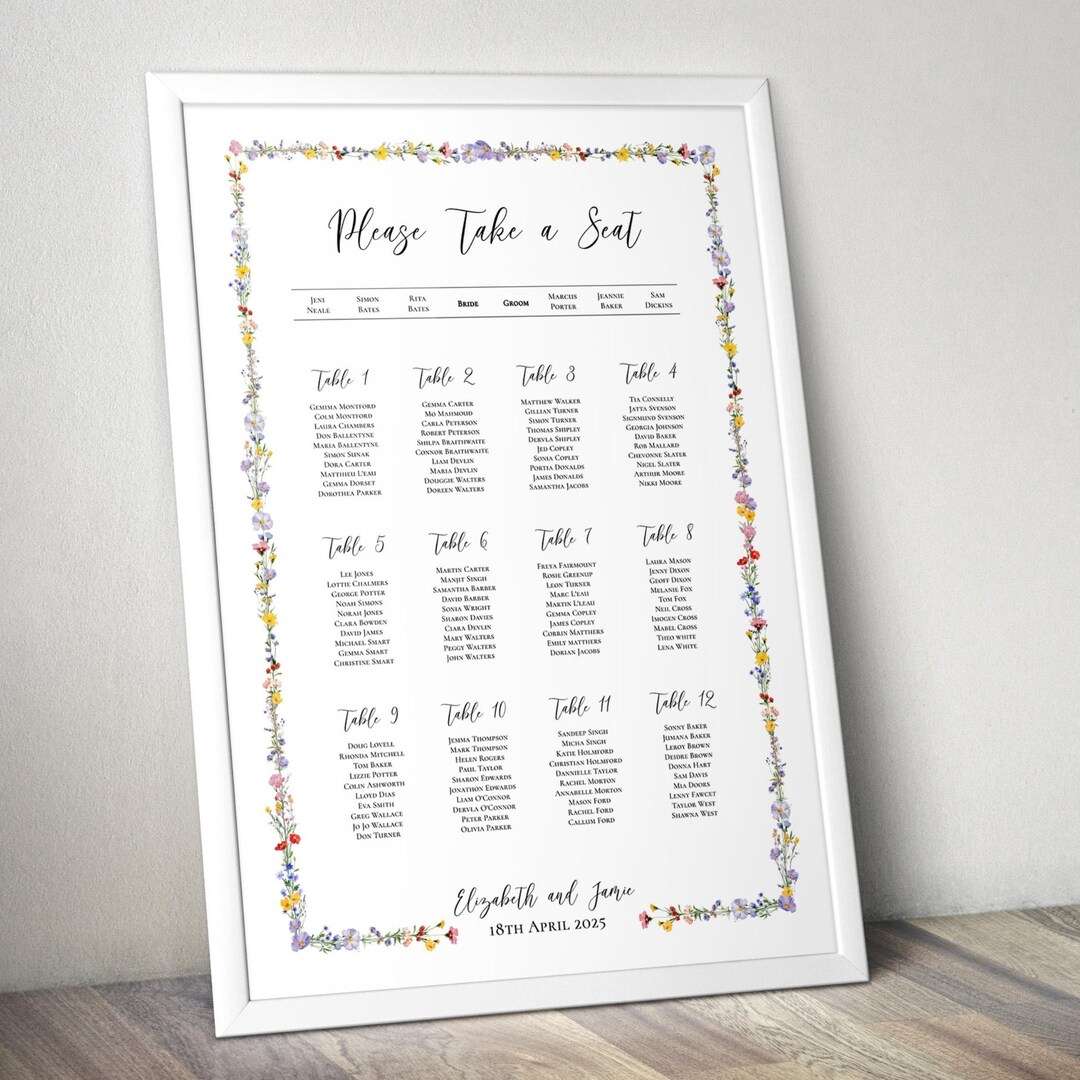 Delicate Wildflower Border Seating Chart Template | Large Format ...