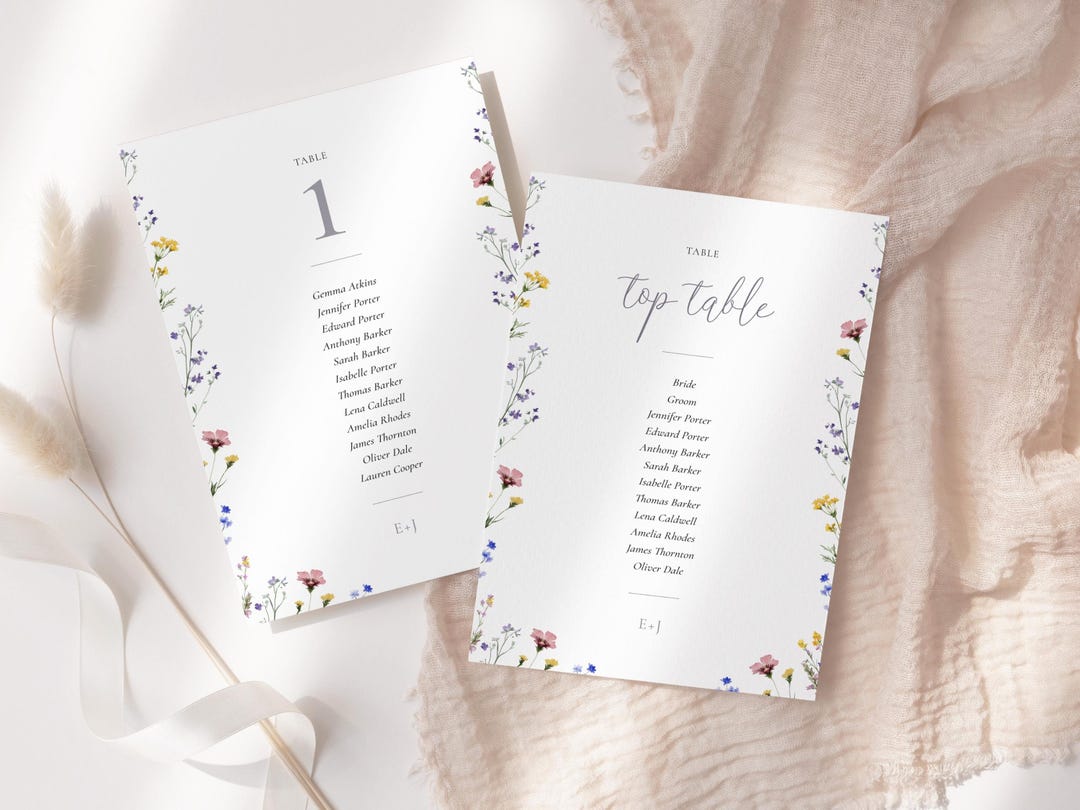 Wildflower Wedding Table Assignment Cards: English Garden Seating Chart Template | CR102 - Etsy