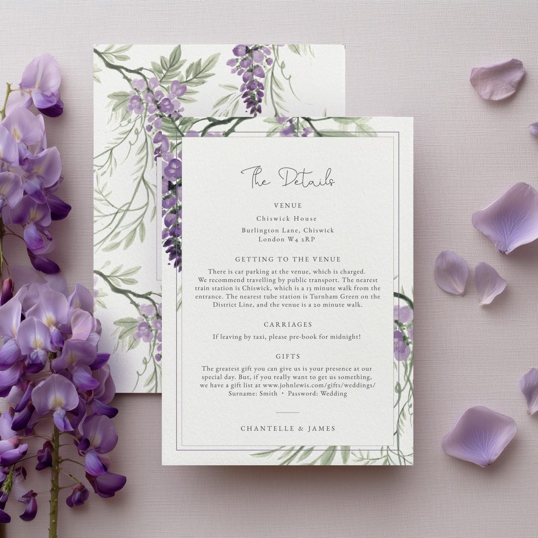 Watercolor Wisteria Wedding Information Card Template: Lilac Floral ...