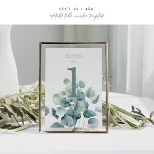 Eucalyptus Leaf Wedding Table Number Template | Greenery Editable Table ...