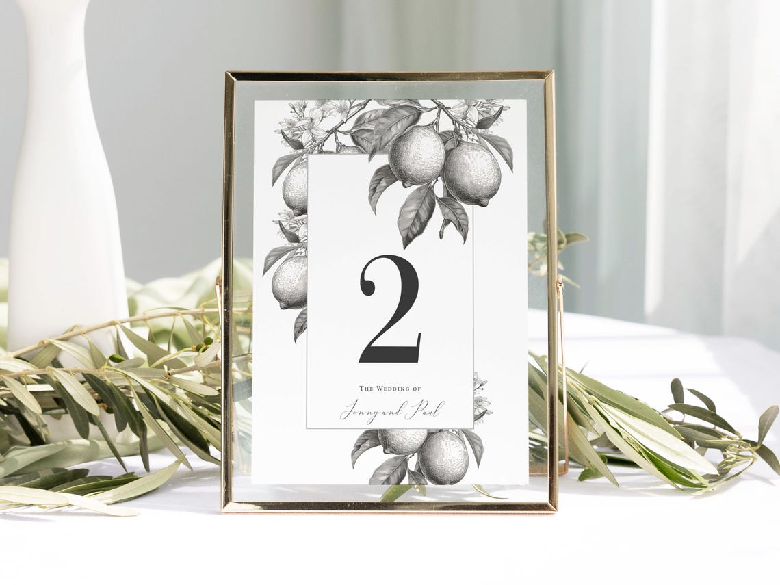 Italian Lemon 'limoncello' Drawing Style Classic Wedding Table Number ...