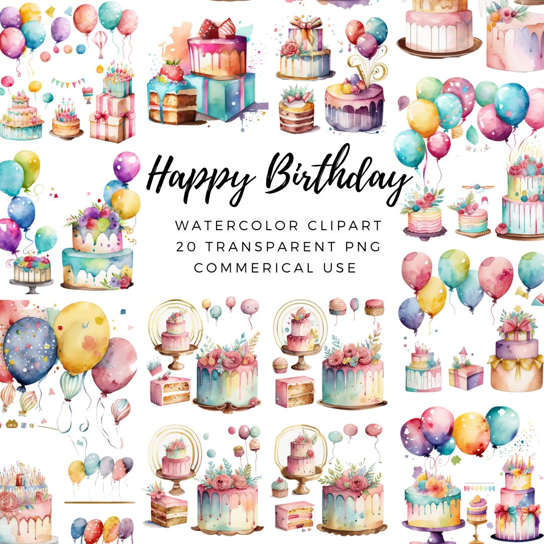 Happy Birthday Clipart, Watercolor Birthday Party Balloons Clipart ...