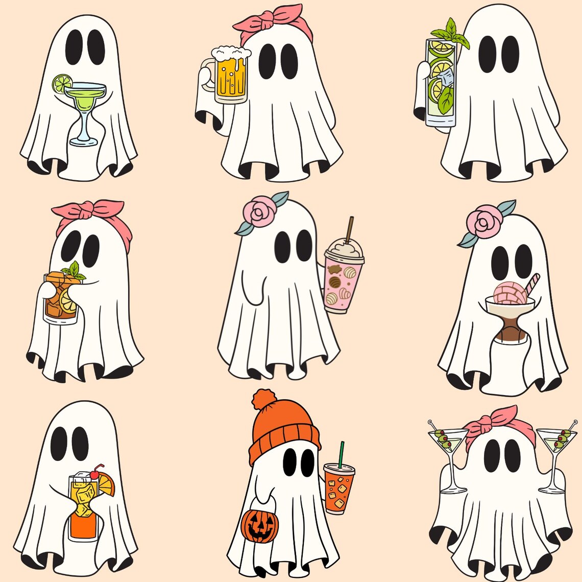 Retro Cute Ghost Halloween PNG SVG Bundle – Floral Ghosts, Dog Ghost ...