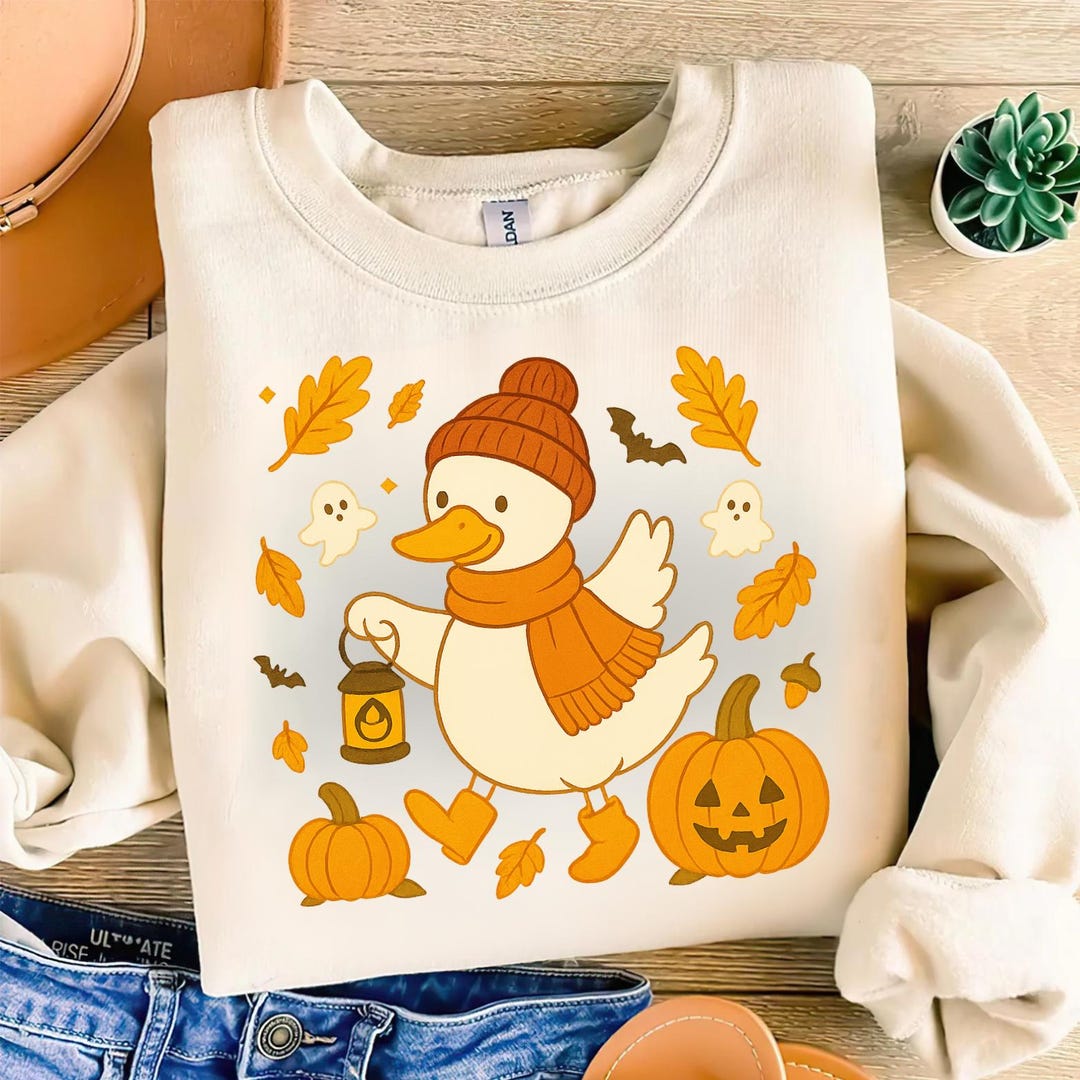 Cozy Duck Halloween Fall PNG, Autumn Duck in Sweater, Pumpkin & Leaves ...